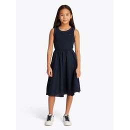 Sommerkleid Tommy Hilfiger "COMBI DRESS SS", Mädchen, Gr. 4 (104), N-Gr, blau (schwarz night navy), Rippware, Web, Obermaterial: 95% Baumwolle, 5% Elasthan, unifarben, normal, Rundhals, Kleider, mit Kontrastnähten