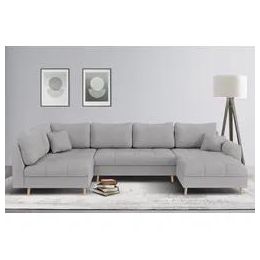 Wohnlandschaft Home Affaire "CHARRE U-Form, incl. 3 Zierkissen", grau (hellgrau), B:310cm H:81cm T:161cm, 100% Polyester, Sofas, auch in Cord und Bouclé, feine Steppung, lose Rückenkissen