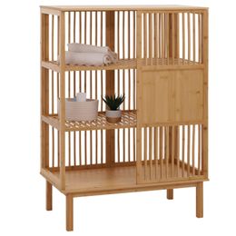 Bambus Standregal MCW-N81, Badezimmerschrank Badschrank Badregal Kommode, 3 Regalb&ouml;den Schiebet&uuml;r MVG 115x80x45cm