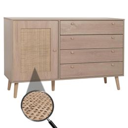 Sideboard MCW-M43, Schrank Kommode Highboard, Schubladen Staufach, Kubu Rattan Holz Melamin, Eiche-Optik