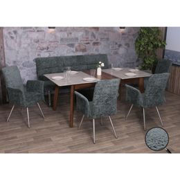 Esszimmer-Set MCW-G55, 4er-Set Stuhl mit Armlehne+Sitzbank 180cm, Edelstahl geb&uuml;rstet Stoff/Textil Chenille ~ blau-gr&uuml;n