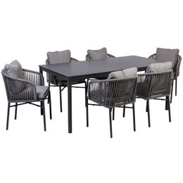 Greemotion, Esstisch-Set Calgary, 7-teilig, stapelbar, Edelstahl, Glas, Aluminium, 100% Polyester, anthrazit, silber-grau