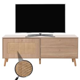 TV-Rack MCW-M38, Lowboard Fernsehtisch TV-Schrank Kommode, Schublade T&uuml;re, Kubu Rattan Holz 56x140x41cm Eiche-Optik