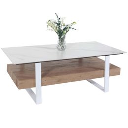 Couchtisch MCW-L88, Wohnzimmertisch Tisch, Ablage Eisen 43x120x60cm Sinterstein Marmor-Optik wei&szlig; Holz natur