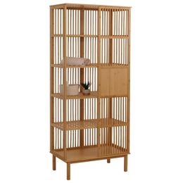 Bambus Standregal MCW-N81, Badezimmerschrank Badschrank Badregal Kommode, 5 Regalb&ouml;den Schiebet&uuml;r MVG 186x80x45cm