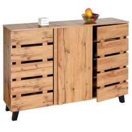 Sideboard MCW-M46, Kommode Schrank Anrichte, 3 T&uuml;ren 8 Stauf&auml;cher 88x120x34cm, naturfarben