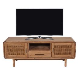 TV-Rack MCW-M47, Fernsehtisch Lowboard Kommode, Stauf&auml;cher Schublade, Rattan Akazie Massiv-Holz gebeizt 160cm 32kg