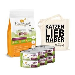 I love my cat ILMC set mit Huhn - Trockenfutter mit Huhn + Nassfutter mit Huhn + Jute Beutel