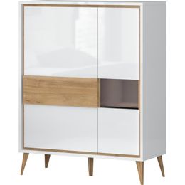 Highboard Home Affaire "Vida", weiß (crystal weiß, pacific walnut), B:95cm H:121cm T:40cm, Spanplatte, Glas, Sideboards, UV lackiert, hochglänzend, Soft-Close und Push-to-open Funktion