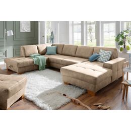 Wohnlandschaft Home Affaire "Puccini U-Form", beige, B:340cm H:86cm T:224cm, Luxus-Microfaser (100% Polyester);Luxus-Microfaser ALTARA NUBUCK (100% Polyester);Luxus-Microfaser Lederoptik (100% Polyester), Sofas, Wohnlandschaft, mit Federkern, Sitztiefenverstellung, Kontrastnaht