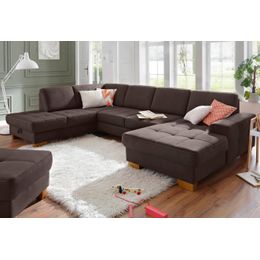 Wohnlandschaft Home Affaire "Puccini U-Form", braun (dunkelbraun), B:340cm H:86cm T:224cm, Luxus-Microfaser (100% Polyester);Luxus-Microfaser ALTARA NUBUCK (100% Polyester);Luxus-Microfaser Lederoptik (100% Polyester), Sofas, Wohnlandschaft, mit Federkern, Sitztiefenverstellung, Kontrastnaht