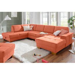 Wohnlandschaft Home Affaire "Puccini U-Form", orange (terra), B:340cm H:86cm T:224cm, Luxus-Microfaser (100% Polyester);Luxus-Microfaser ALTARA NUBUCK (100% Polyester);Luxus-Microfaser Lederoptik (100% Polyester), Sofas, Wohnlandschaft, mit Federkern, Sitztiefenverstellung, Kontrastnaht