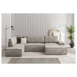 Wohnlandschaft Home Affaire "SHERWOOD XXL 329 cm, U-Form, Schlafsofa", grau (hellgrau), B:329cm H:85cm T:195cm, Sofas, Schlaffunktion m. Bettkasten (194x139 cm), Cord, Vintage, Samtvelours