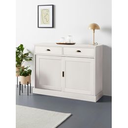 Sideboard Home Affaire "Schröder", weiß, B:114cm H:85cm T:40cm, FSC-zertifiziertes Massivholz, Sideboards, Kommode, 2 Schiebetüren, 2 Schubkasten, aus massivem Kiefernholz