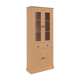 Vitrine Home Affaire "Liotta", beige (natur gebeizt, gewachst), B:77cm H:181cm T:31cm, Massivholz, Schränke, Mit 2 Glastüren und 1 Schublade