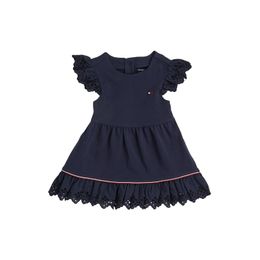 Sommerkleid Tommy Hilfiger "BRODERIE ANGLAISE DRESS SS", Baby, Gr. 62, N-Gr, blau (schwarz night navy), Web, Obermaterial: 95% Baumwolle, 5% Elasthan, unifarben, casual, ausgestellt, Rundhals, Kurzarm Lochstickerei, Kleider, mit Logo-Kontrastband, mit Logostickerei