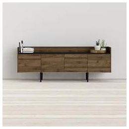 Sideboard Home Affaire "Unit Aufbewahrung, Schubladenschrank, Sideboard", braun (walnuss, schwarz), B:195,5cm H:73,2cm T:40,5cm, Spanplatte, Sideboards, 3 Türen, 2 Schubladen, Breite 195 cm, Höhe 73 cm