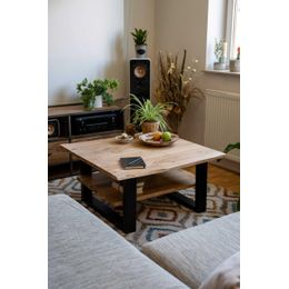 B-Ware Couchtisch Baumkante massiv Akazie natur 90x90 cm schwarz PATRICK