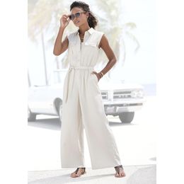 Overall Buffalo, Damen, Gr. 34, N-Gr, beige (sand), Web, Obermaterial: 55% Leinen, 45% Viskose, unifarben, modisch, figurumspielend lang, Rundhals, ohne Ärmel, Overalls, aus Leinenmix, sommerlicher Jumpsuit mit Taschen