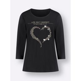 WITT Damen 3/4-Arm-Shirt mit Herz-Motiv, schwarz-beige, Gr&ouml;&szlig;e 48