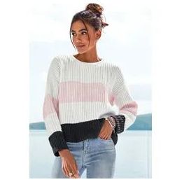 Strickpullover Lascana, Damen, Gr. 40/42, weiß (creme, rosé, nachtblau), Strick, Obermaterial: 100% Polyester, gestreift, figurumspielend hüftlang, Rundhals, Pullover Grobstrickpullover Rundhalspullover, mit modischen Querstreifen, legere Passform, bequem