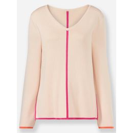 Heine Witt Damen V-Ausschnitt-Pullover mit Streifen, elfenbein-fuchsia, Gr&ouml;&szlig;e 42