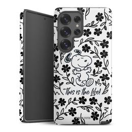 DeinDesign Galaxy S25 Ultra Handy Panzer Handyh&uuml;lle robuste Outdoor H&uuml;lle Schutzh&uuml;lle gl&auml;nzend Peanuts Flowers Snoopy Tough Case