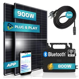 SUNNIVA&reg; 900W Balkonkraftwerk 800W komplett Steckdose - Astro Energy 800W Wechselrichter - PV Solaranlage Komplettset - 2x 450W Solarmodule - inkl. 5m Kabel - Bluetooth WIFI