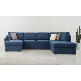 Wohnlandschaft Home Affaire "Citry", blau (dunkelblau), B:309cm H:88cm T:224cm, 100% polyester, Sofas, Wohnlandschaft, Breite 309 cm, Chenille, Bettfunktion, Bettkasten, U-Form