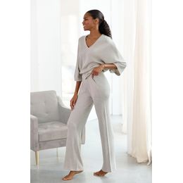 Strickhose French Connection, Damen, Gr. 40/42, N-Gr, beige (beige meliert), Rippstrick, Obermaterial: 40% Viskose (LENZING&trade; ECOVERO&trade;), 30% Polyacryl, 30% Polyester, meliert, bequem lang, Hosen, mit leichten ausgestellten Bein, Loungewear