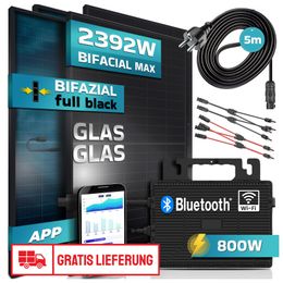 SUNNIVA&reg; 1840W Balkonkraftwerk BIFAZIAL FULLBLACK komplett Steckdose ASTRO-E 800 Watt Wechselrichter, Solaranlage Komplettset, 4x460W N-Type Glas-Glas Bifacial Solarmodule, 5m Kabel, 4x2.5m Solarkabel