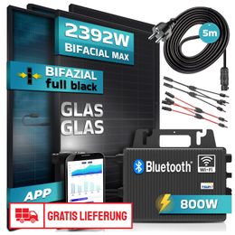 SUNNIVA&reg; 1840W Balkonkraftwerk BIFAZIAL FULLBLACK komplett Steckdose TSUN 800 Watt Wechselrichter, Solaranlage Komplettset, 4x 460W N-Type Glas-Glas Bifacial Solarmodule, 5m Kabel & 4x 2.5m Solarkabel