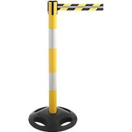 Absperrpfosten RS-Guidesystems® GLA 25, gelb-weiß, Gurtband gelb-schwarz/reflektierend, ausziehbar bis 3,5 m, Ø 410 x H 1000 mm, Gummi & Kunststoff, 1 Stück
