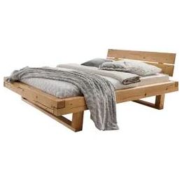 Massivholzbett Home Affaire "Ultima Balkenbett Doppelbett, Füße mit Kufenform", braun (fichte wachs, geölt), B:158cm L:228cm, Betten, FSC-zertifizierte Wildeiche oder Fichte, viele Breiten zur Auswahl