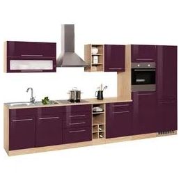 Küchenzeile KOCHSTATION "KS-Eton", lila (küche: aubergine hochglanz, eichefarben, korpus: eichefarben, arbeitsplatte: eichefarben), B:360cm T:60cm, Komplettküchen-Sets, mit E-Geräten, Breite 360 cm