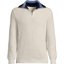 LANDS' END Baumwoll-Pullover mit Colorblock-Kragen DRIFTER, Herren,  Weiß, Baumwolle, by Lands' End