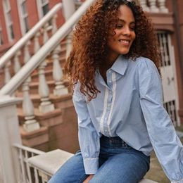 LANDS' END Bluse mit H&auml;kelborte aus Baumwolle, Damen,  Blau, Baumwolle, by Lands' End