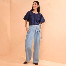 LANDS' END Weite Paperbag-Jeans, Damen,  Blau, Lyocell (Viskose)/Baumwoll-Mischung, by Lands' End
