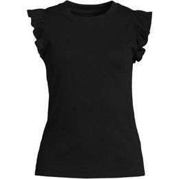 LANDS' END Baumwollripp-Top mit Volants, Damen,  Schwarz, Baumwolle/Elasthan, by Lands' End