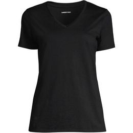 LANDS' END Supima Kurzarm-Shirt mit V-Ausschnitt, Damen,  Schwarz, Baumwolle, by Lands' End