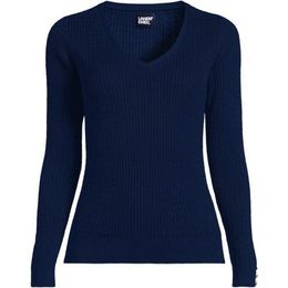 LANDS' END Feinstrick-Zopfmusterpullover mit V-Ausschnitt, Damen,  Blau, Baumwolle, by Lands' End