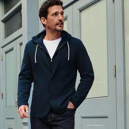 LANDS' END Strick-Blazer mit abnehmbarer Kapuze, Herren,  Blau, Elasthan/Baumwoll-Mischung/Polyester-Mischung, by Lands' End