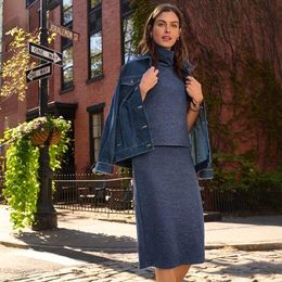 LANDS' END Softer Jersey-Midirock, Damen,  Blau, Baumwolle/Polyester/Baumwoll-Mischung, by Lands' End