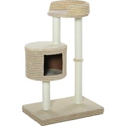 PawHut Katzenbaum Kratzbaum Kletterbaum Katzenkratzbaum, kuschelige Aussichtsplattformen, beige und kaffee, Spanplatte, Plüsch, Jute, 61x41x96 cm