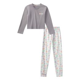 Pyjama Petite Fleur, Kinder, Gr. 122/128, grau (hellgrau), Single Jersey, Obermaterial: 100% Baumwolle. Obermaterial Hose: 100% Baumwolle, bedruckt, casual, Rundhals, Langarm abgesteppte Kante, Homewear-Sets, Schlafanzug mit Hose im Herzchen Allover Print