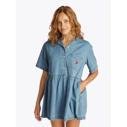 Jeanskleid Tommy Jeans "TJW LT DENIM DRESS EXT", Damen, Gr. L (40), N-Gr, blau (denim light), Denim/Jeans, Obermaterial: 100% Baumwolle, unifarben, casual, relaxed fit mini, Kurzarm abgesteppt, Kleider, in Mini-Länge, mit Logostickerei, in blauer Waschung