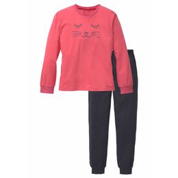 Pyjama Vivance, Kinder, Gr. 122/128, schwarz (hummer, anthrazit, meliert), Jersey, Obermaterial: 100% Baumwolle, bedruckt, Basic, lässig geschnitten, Rundhals, Langarm angesetztes Bündchen, Homewear-Sets, Schlafanzug in langer Form mit Cat Print