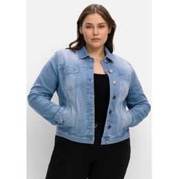 Jeansjacke sheego "Große Größen", Damen, Gr. 40, blau (light blau denim), Obermaterial: 98% Baumwolle, 2% Elasthan, unifarben, casual, figurbetont kurz, Langarm, Jacken, in modisch kurzer Form