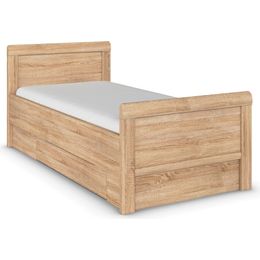 Stauraumbett Rauch "Bett Einzelbett Stollenbett Bettkästen EVELYN", braun (eiche sonoma), B:109cm H:94cm L:210cm, Betten, in Komforthöhe mit Holzkopfteil sowie Schubladen MADE IN GERMANY