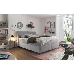 Boxspringbett "Fairfield", grau (hellgrau), B:186cm L:242cm, 92% Polyester, 8% Nylon, SET ONE BY Musterring, Komplettbetten, Kopfteil in Kassenoptik, Metallfuß schwarz, Breite 160 oder 180 cm